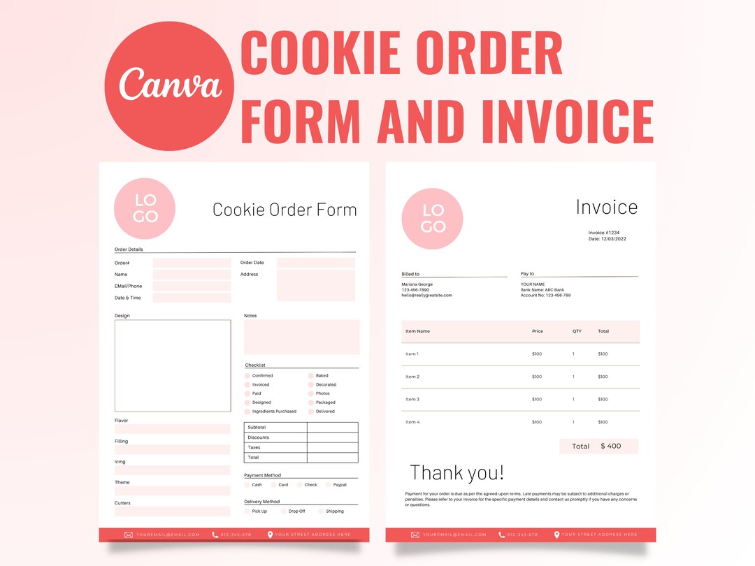 Cookie Order Form and Invoice Templates, Pink-themed Business Forms for ...