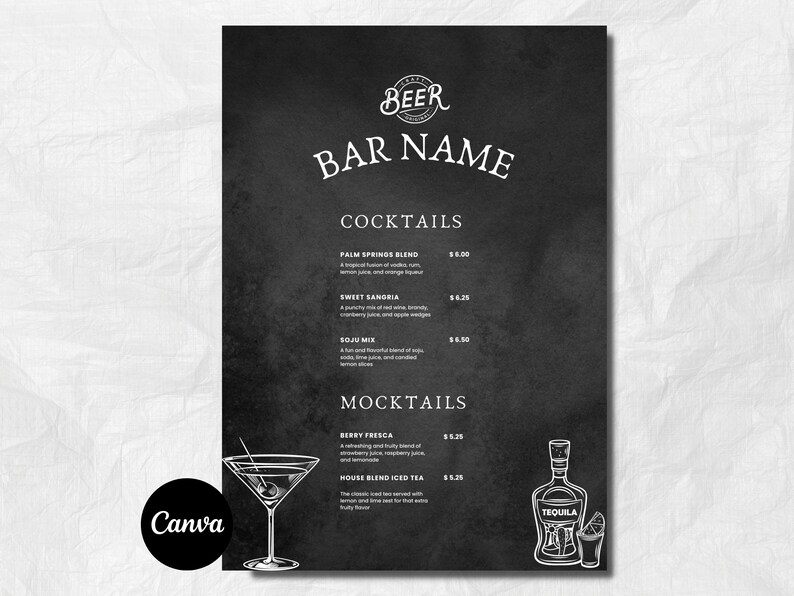 Black and White Restaurant Bar Menu, Customizable Canva Template ...