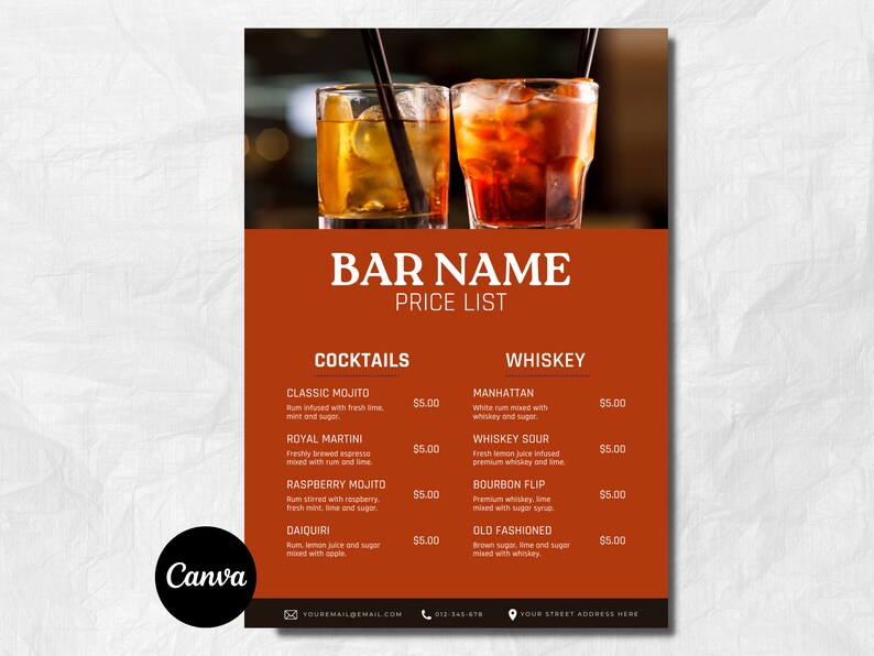 Restaurant Bar Menu, Customizable Canva Template, Digital Download ...