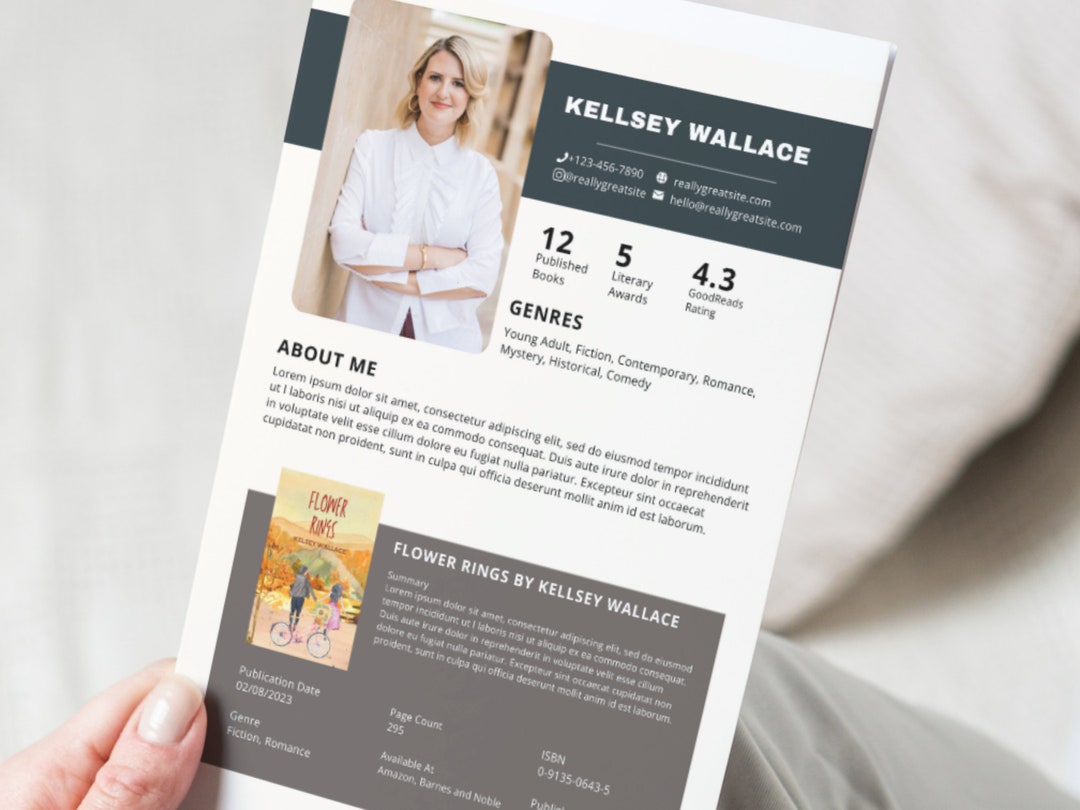 Writer and Author One-page Media Kit Sheet, Dark-themed Sell Sheet ...