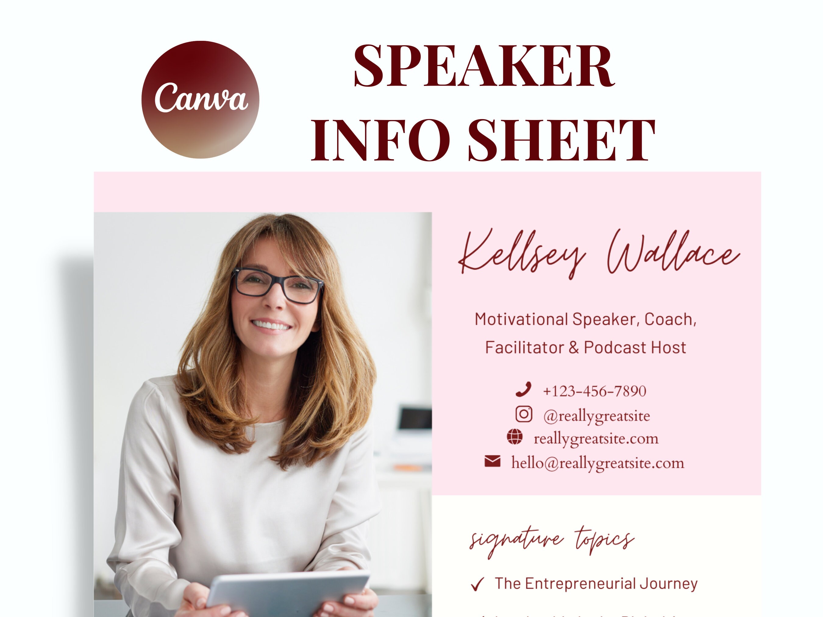 One Page Speaker Sheet Template, Pink Theme Info Sheet, Media Kit for ...