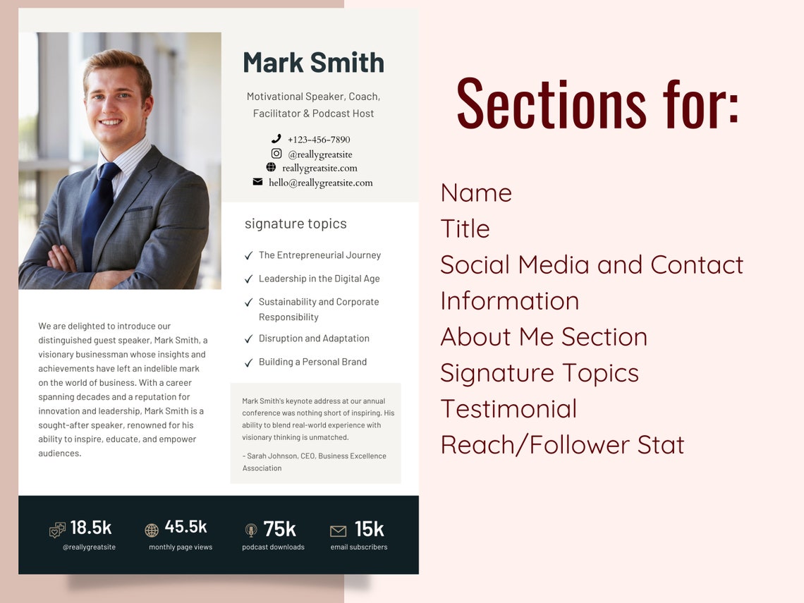 One Page Speaker Sheet Template, Info Sheet, Media Kit for Public ...