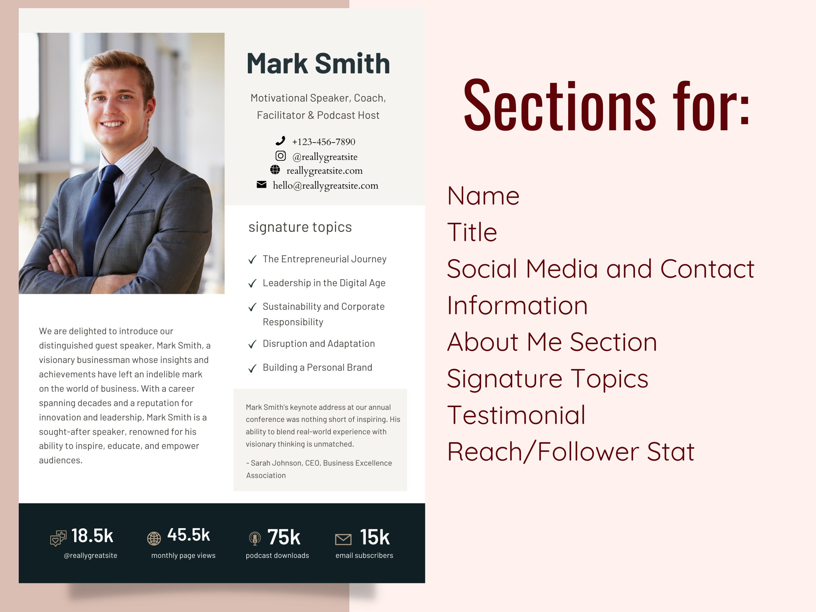 One Page Speaker Sheet Template, Info Sheet, Media Kit for Public ...