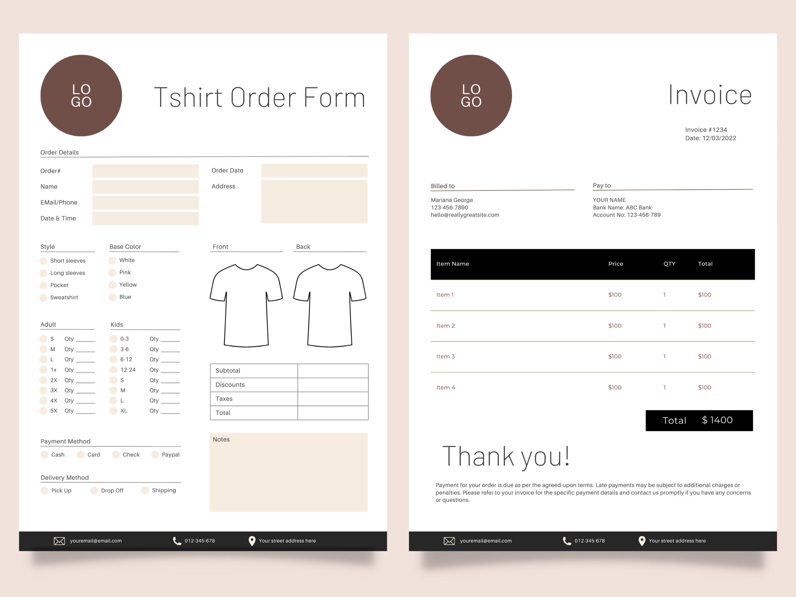 Custom T-shirt Form and Invoice Templates, Editable Branding for ...