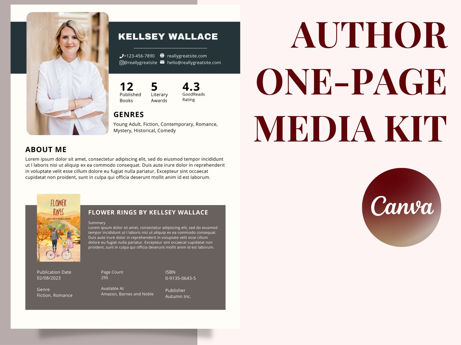 Writer and Author One-page Media Kit Sheet, Dark-themed Sell Sheet ...