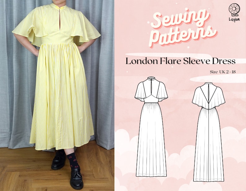 Cape Flutter Sleeve Mandarin Collar Keyhole Maxi Dress Digital PDF ...