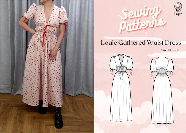 Double Drawstring Waist and Puff Sleeves V Neck Dress Digital PDF ...