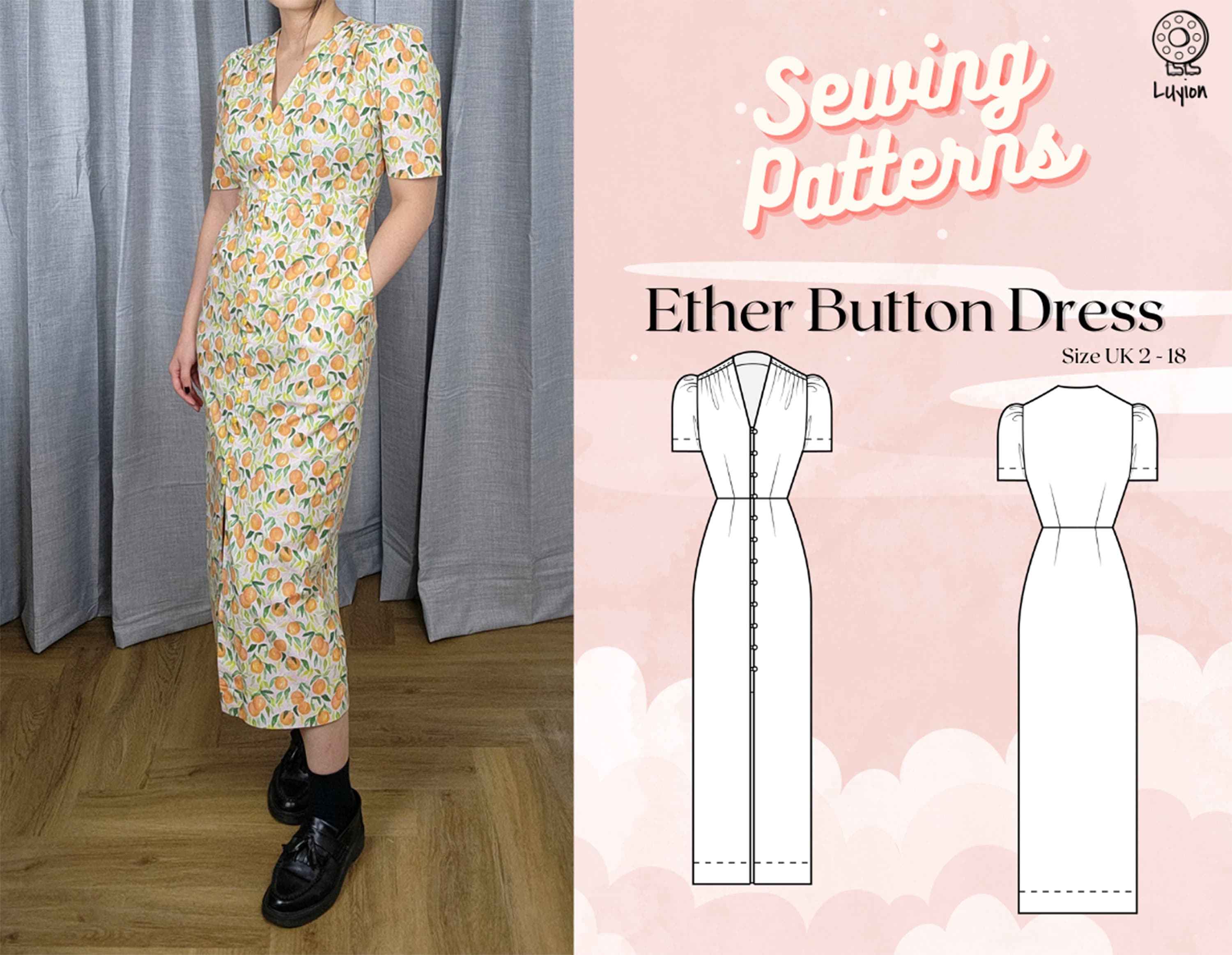 Button Down Puff Sleeve Dress Digital PDF Sewing Pattern // Ether ...