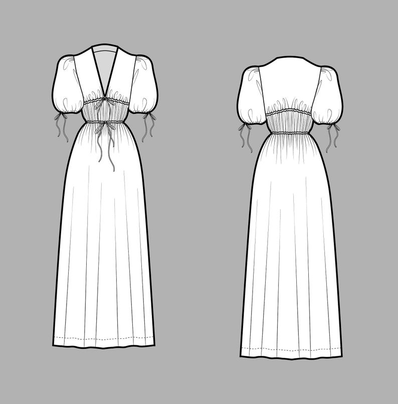 Double Drawstring Waist and Puff Sleeves V Neck Dress Digital PDF ...