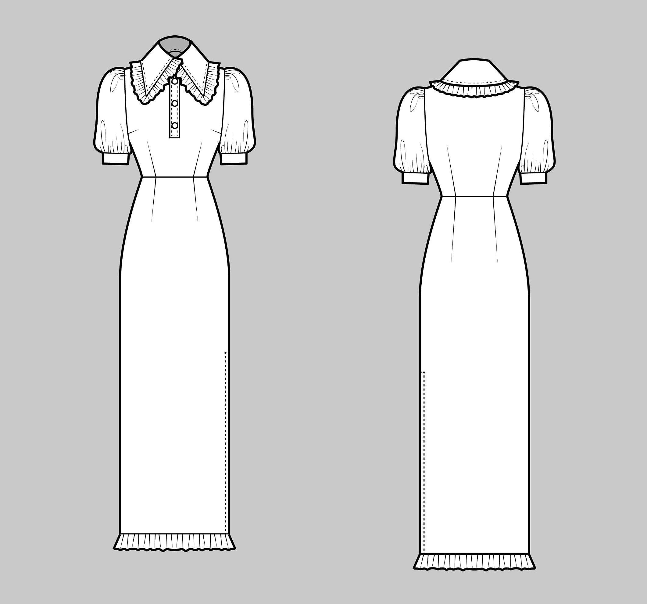 Retro Preppy Midi Dress With Ruffles Collar and Short Sleeve Digital ...