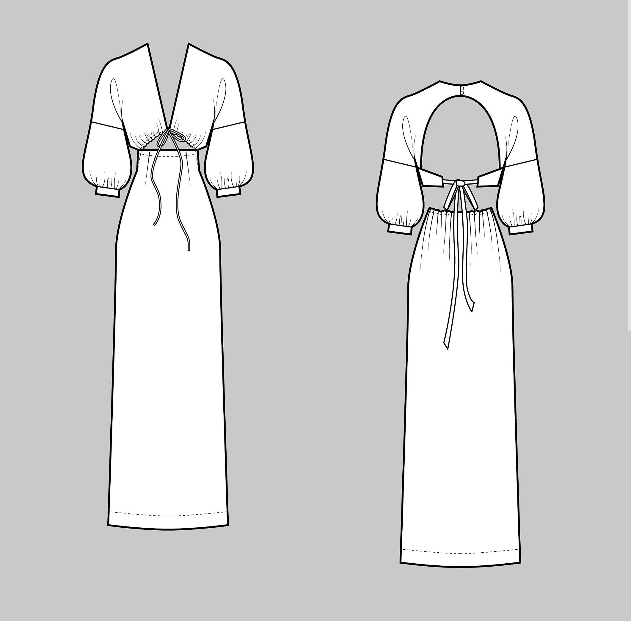 Backless Cut Out Dress With Drop Shoulder Balloon Sleeves Digital PDF ...