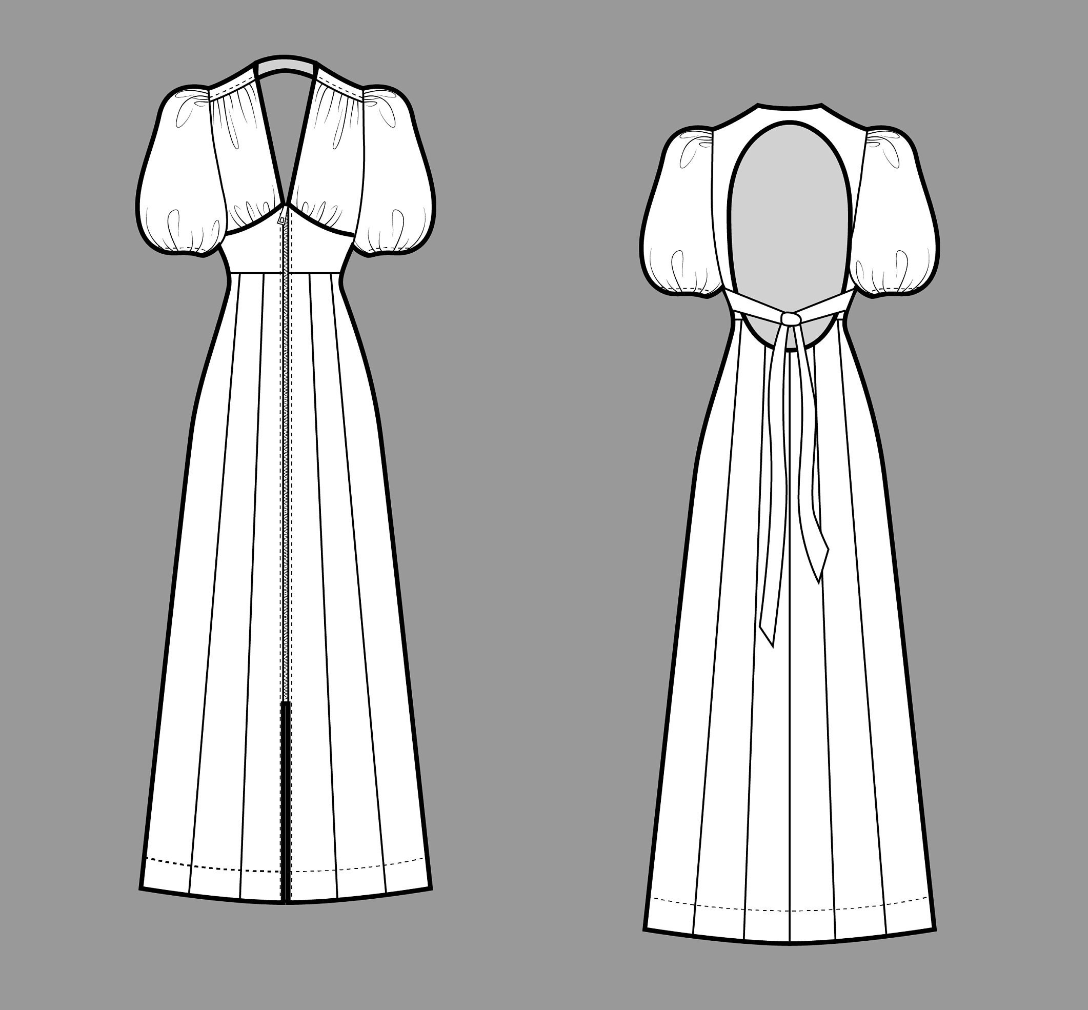 Summer Dress Puff Sleeve Gored Panel Flare Skirt Backless Digital PDF ...