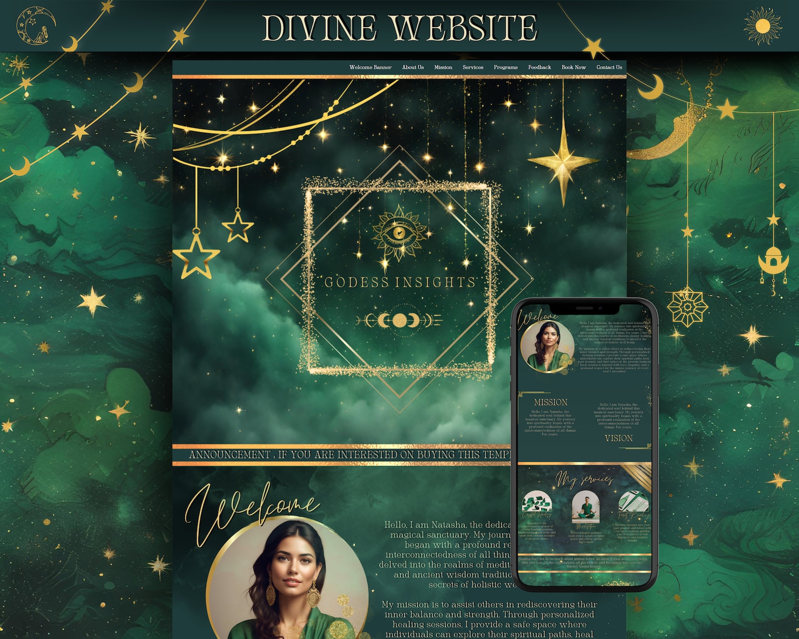Influencer Website Divine Esmeralda Spiritual Canva Webpage, Goddess ...