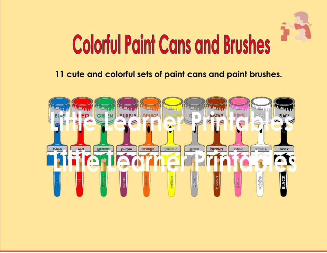 11 Different Colored and Labeled Paint Cans With Two Matching Brushes ...