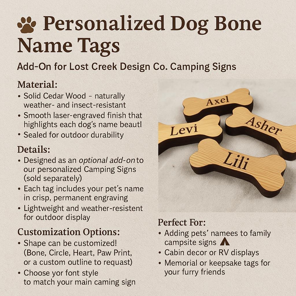 Personalized Wooden Dog Bone Name Tag – Camping Sign Add-on, Rustic Dog ...