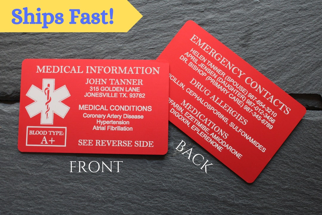 Medical Alert ID Card, Personalized Emergency Contact Information ...