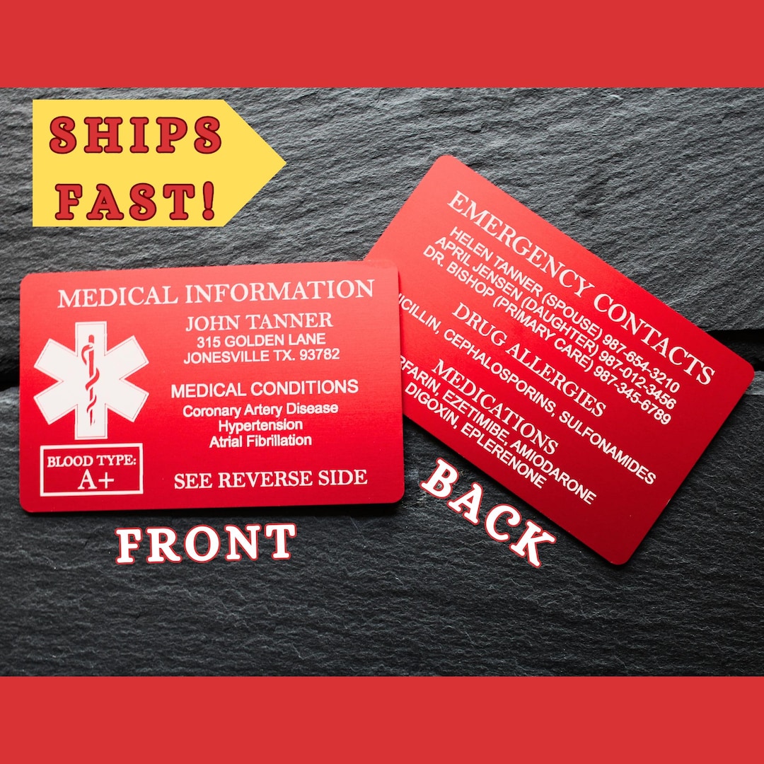 Medical Alert ID Card, Personalized Emergency Contact Information ...