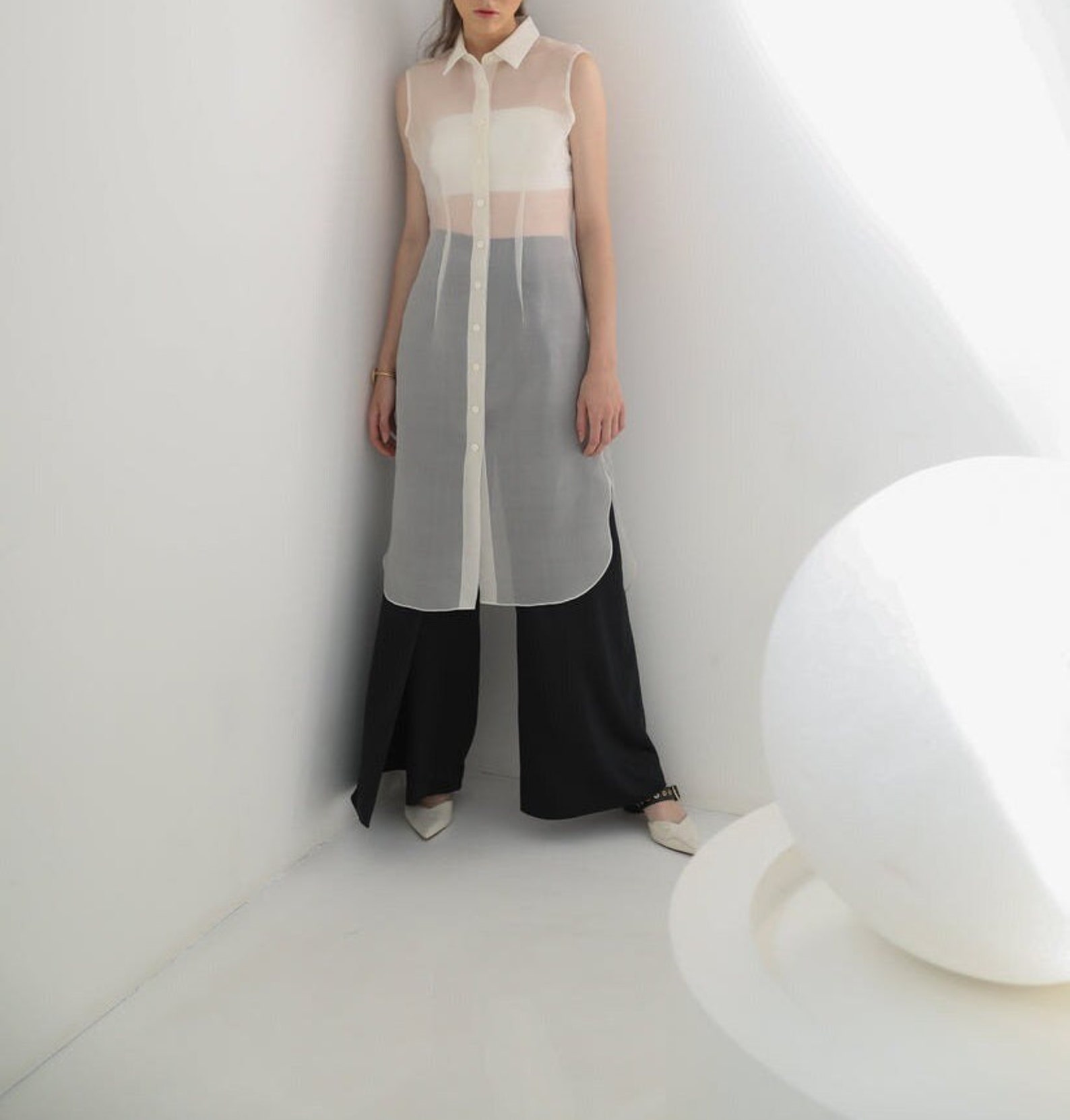 Causal Adult Organza Sleeveless See-through Tunic Button up High ...