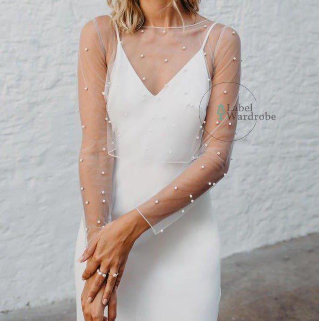 Sheer Tulle Pearl Topper With Long Sleeves.modern Bridal Top ...