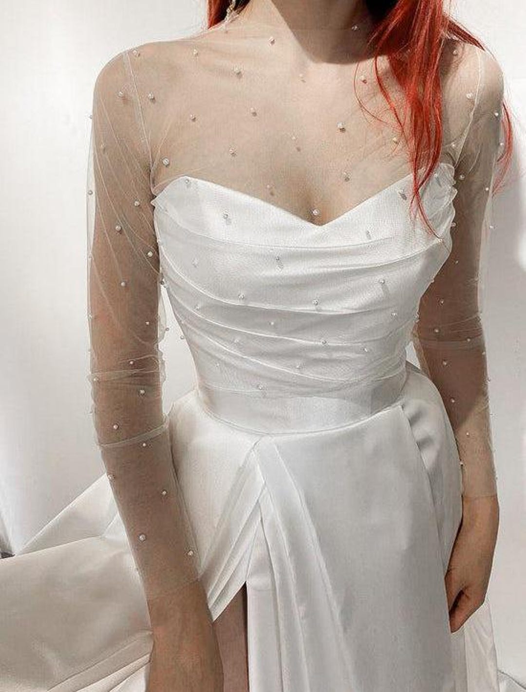 Bridal Pearl Lux Bridal Sheer Tulle Topper With Long Sleeves.modern ...