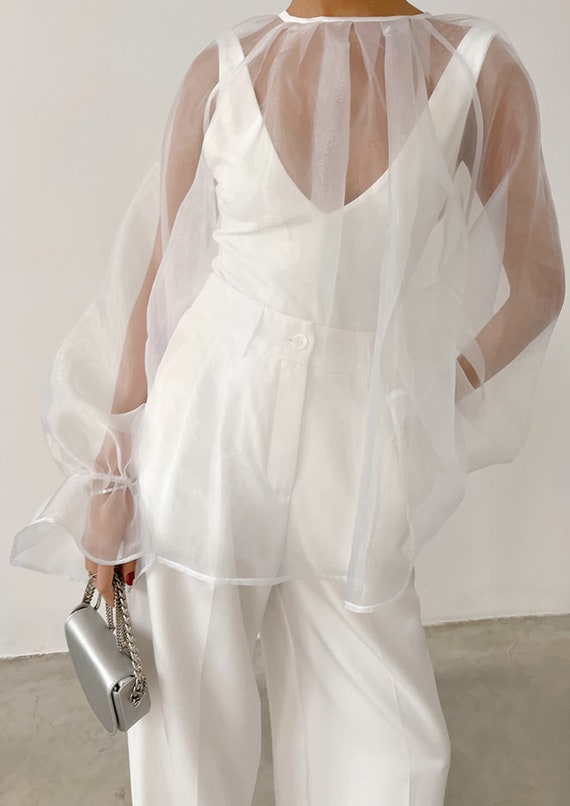 Elegant Long Puffy Sleeve Organza Blouse, Wedding Guest Top Elegant Long Puffy Sleeve Organza Blouse, Wedding Guest Top
