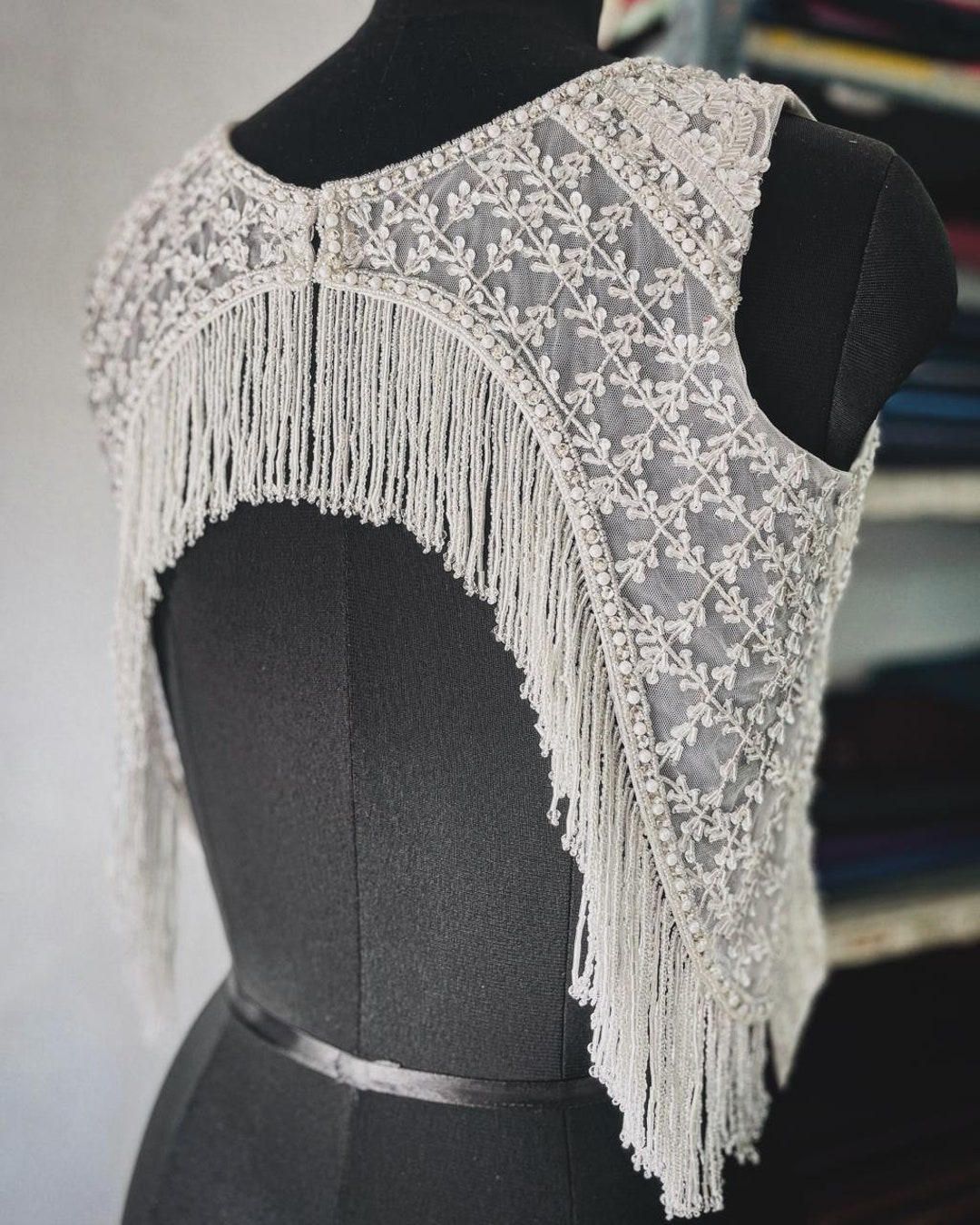 Wedding Pearl Beaded Sheer Tulle Topper With Fringe.modern Bridal Top ...