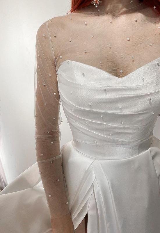 Bridal Pearl Lux Bridal Sheer Tulle Topper With Long Sleeves.modern ...