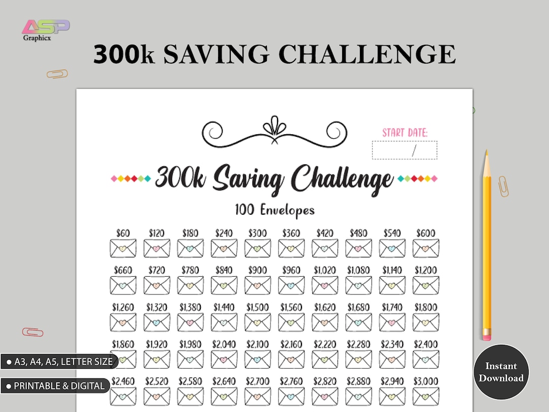 300K 100 ENVELOPE CHALLENGE Printable | 300,000 Saving Tracker | 300K ...