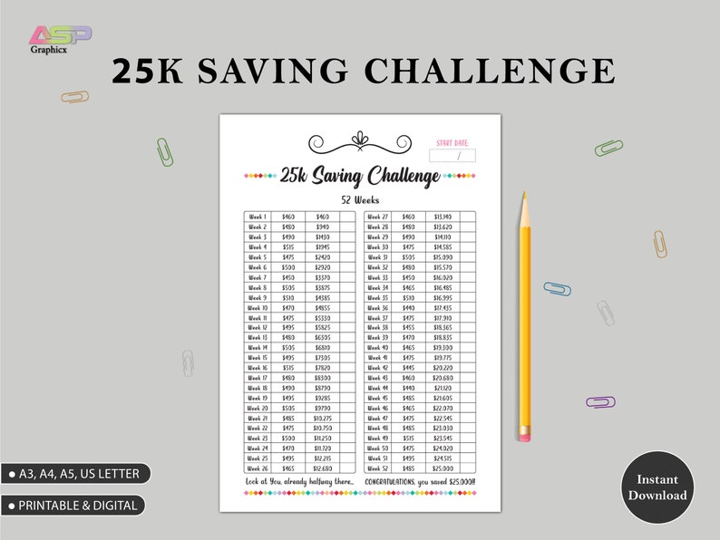 25K Money Saving Challenge PRINTABLE 25000 in 52 Weeks - Etsy