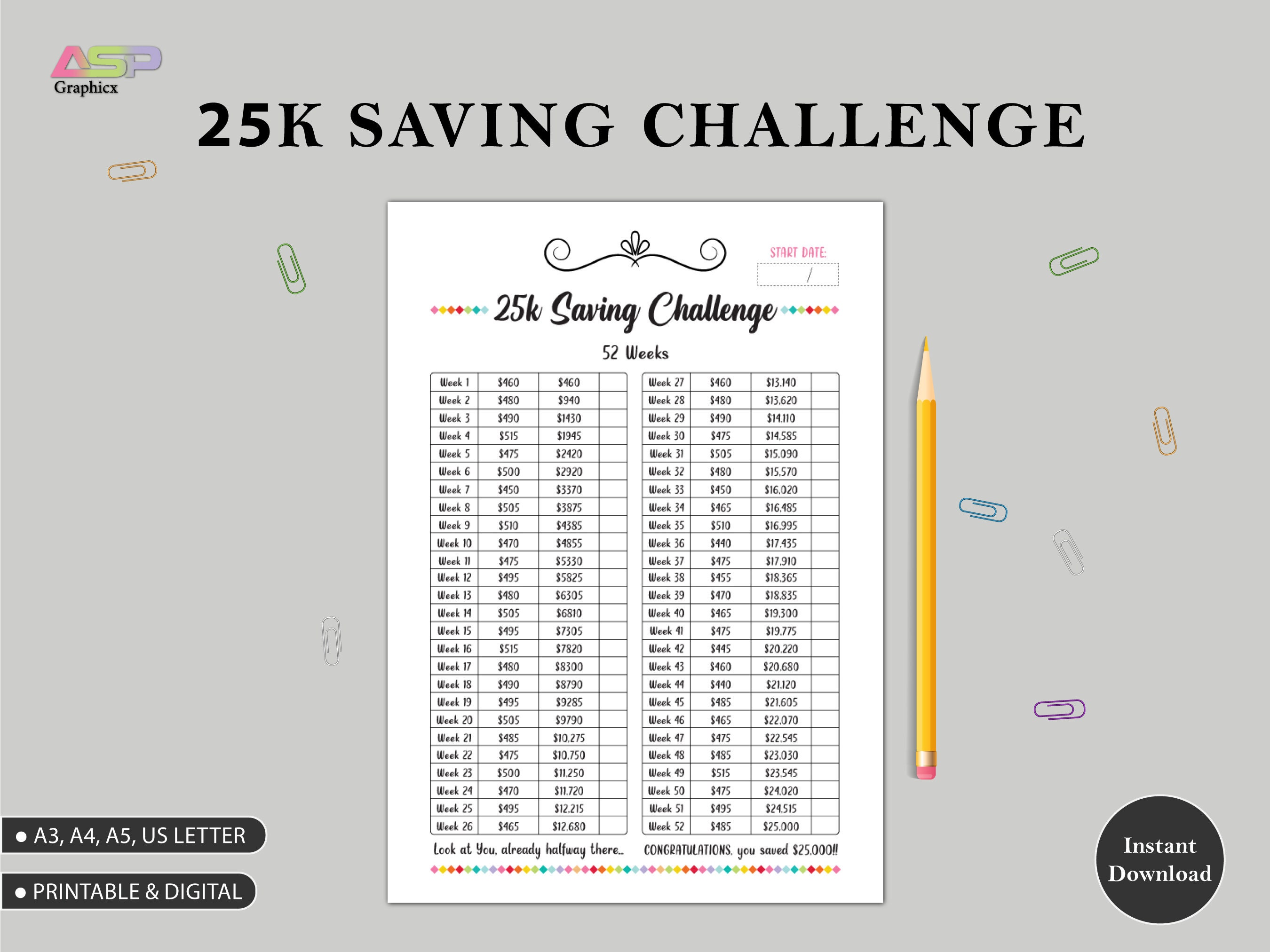 25K Money Saving Challenge PRINTABLE 25000 in 52 Weeks - Etsy