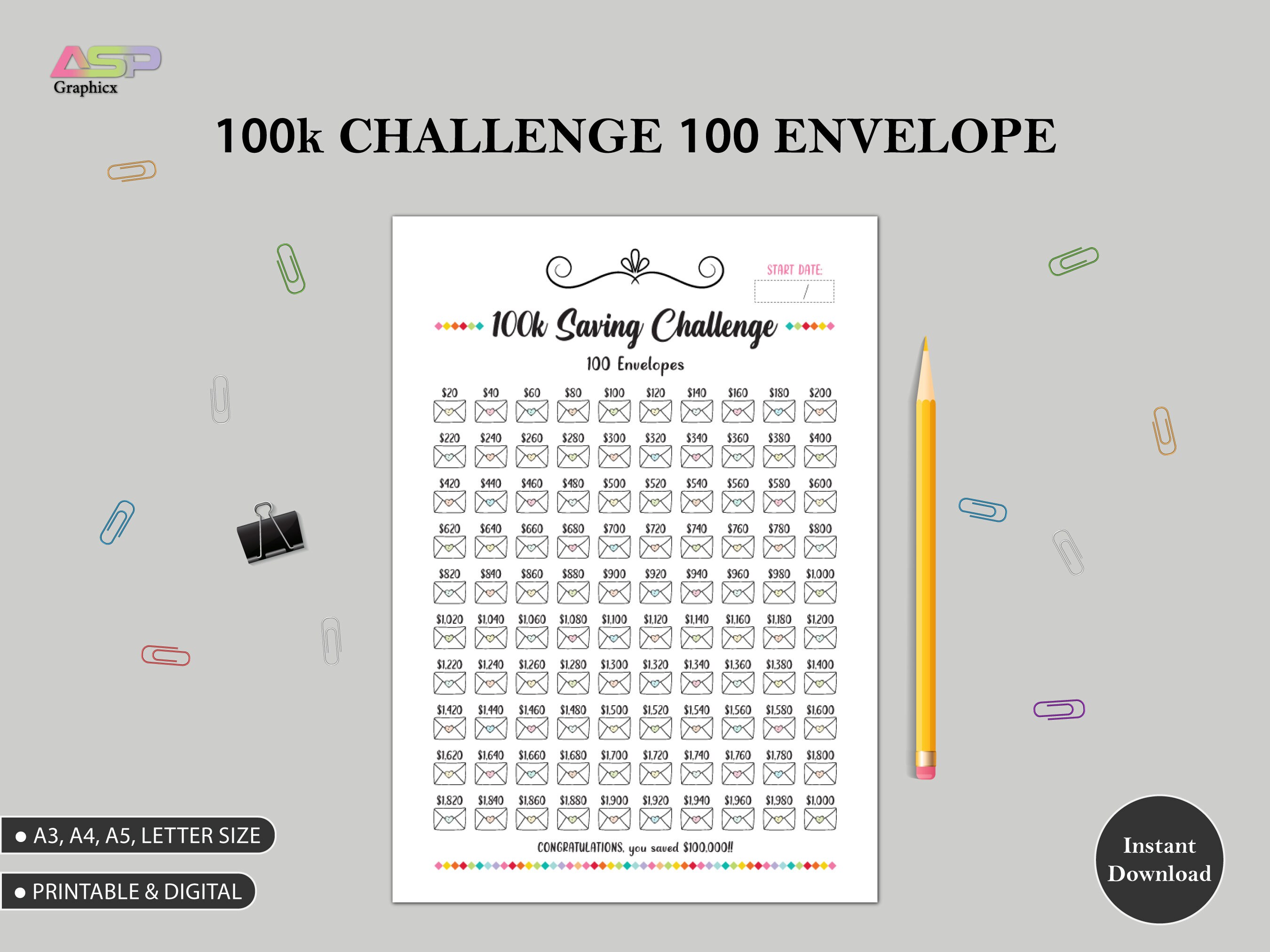 100K Savings Challenge Printable | 100 Envelope Tracker (digital ...