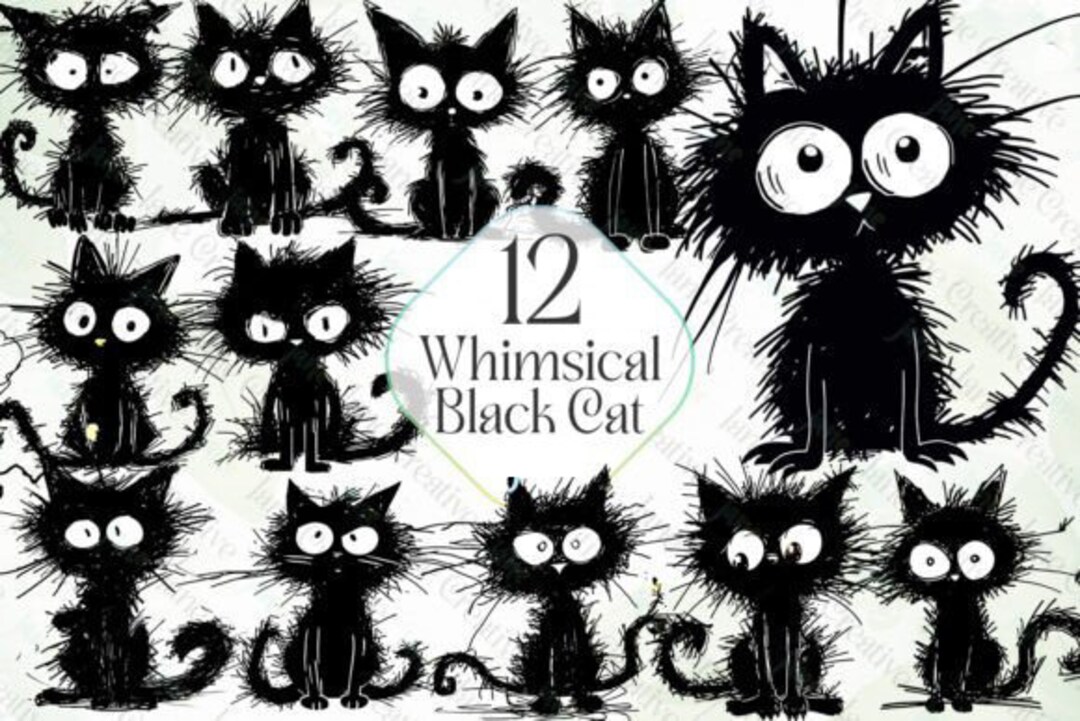 12 Cartoon Cat Sublimation Bundle, Whimsical Black Cat, Cat Silhouette ...