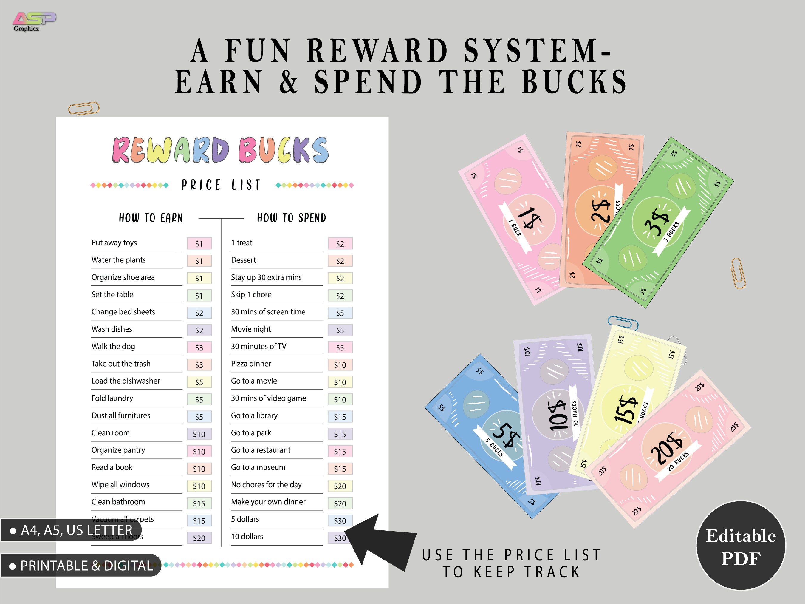 Editable Kids Reward Bucks | Mom Bucks PDF | Reward System for Kids ...