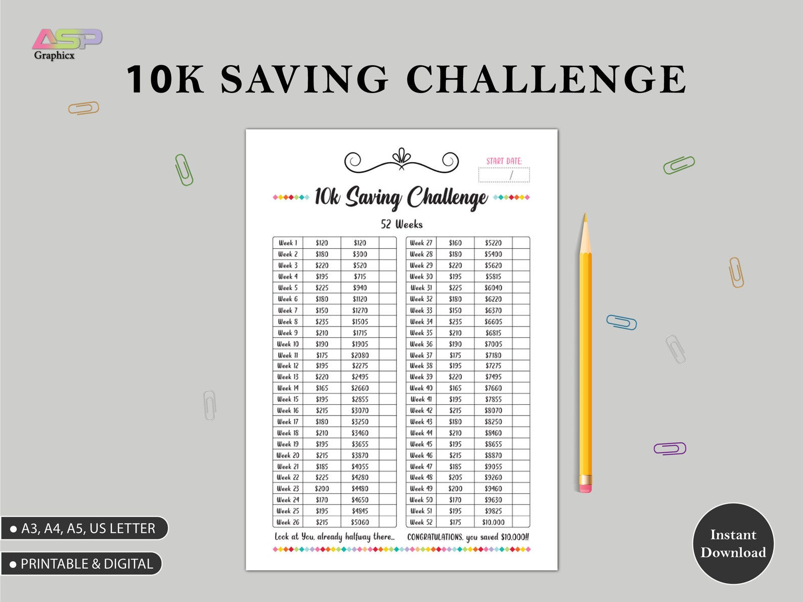 10K Savings Challenge Printable | 52 Week Money Tracker (PDF) - Etsy