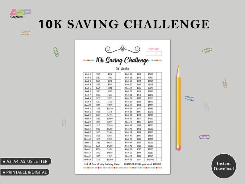 10K Savings Challenge Printable | 52 Week Money Tracker (PDF) - Etsy