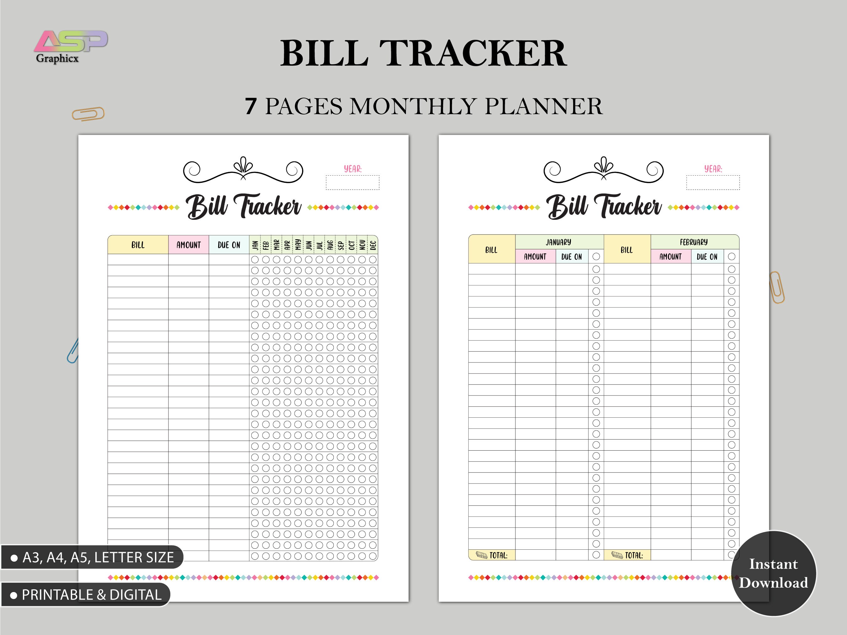 Monthly Bill Tracker Printable | Budget Planner (A3, A4, A5, Letter) - Etsy