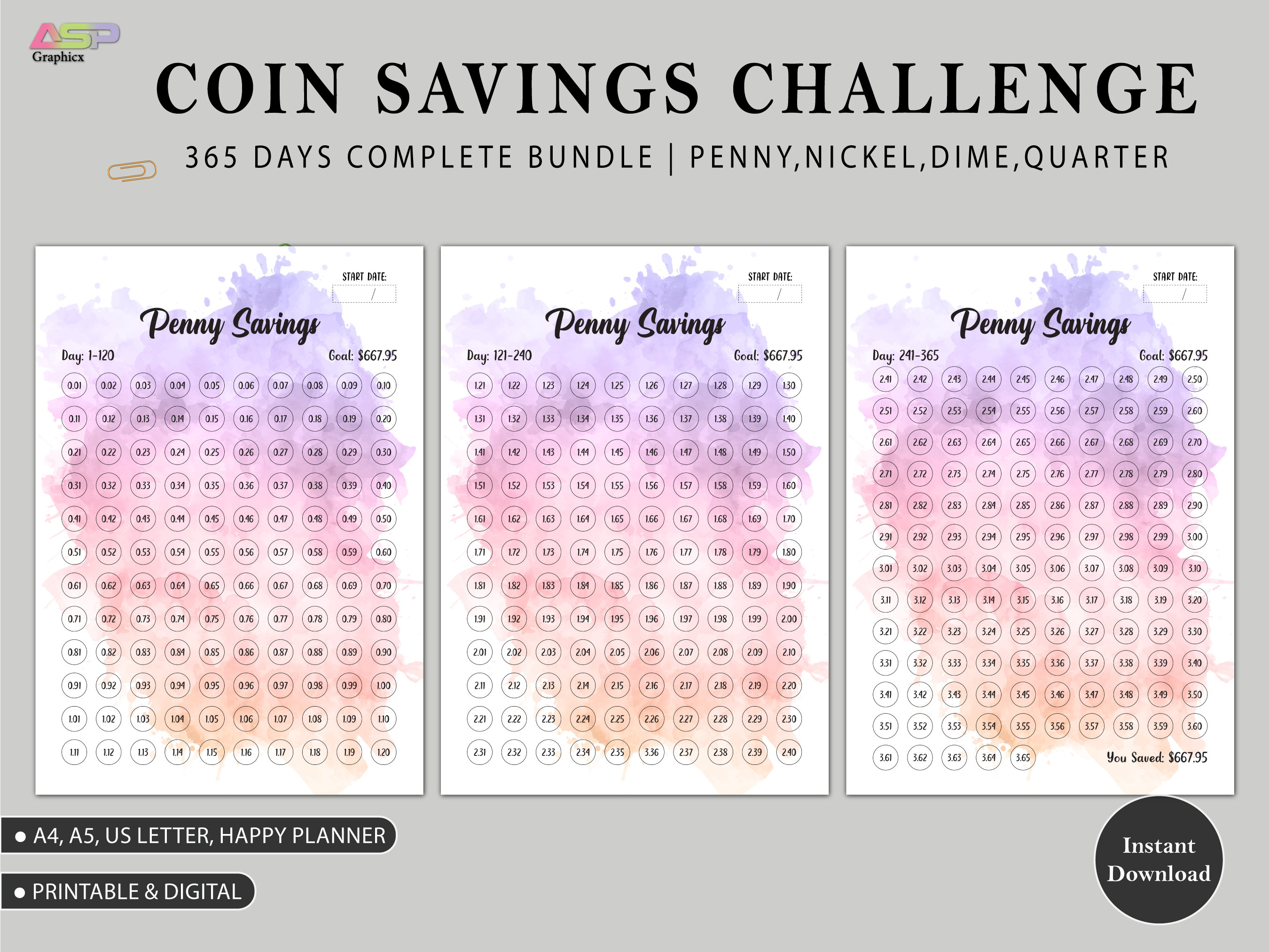 365 Days Penny Nickel Dime Quarter SAVINGS CHALLENGE BUNDLE - Etsy