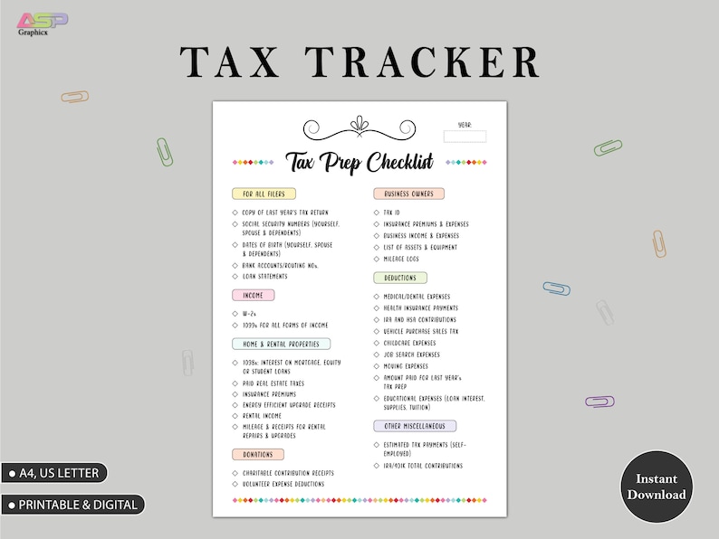 Tax Prep Checklist Tracker Printable | Tax Prep 2023 | Tax Tracker ...