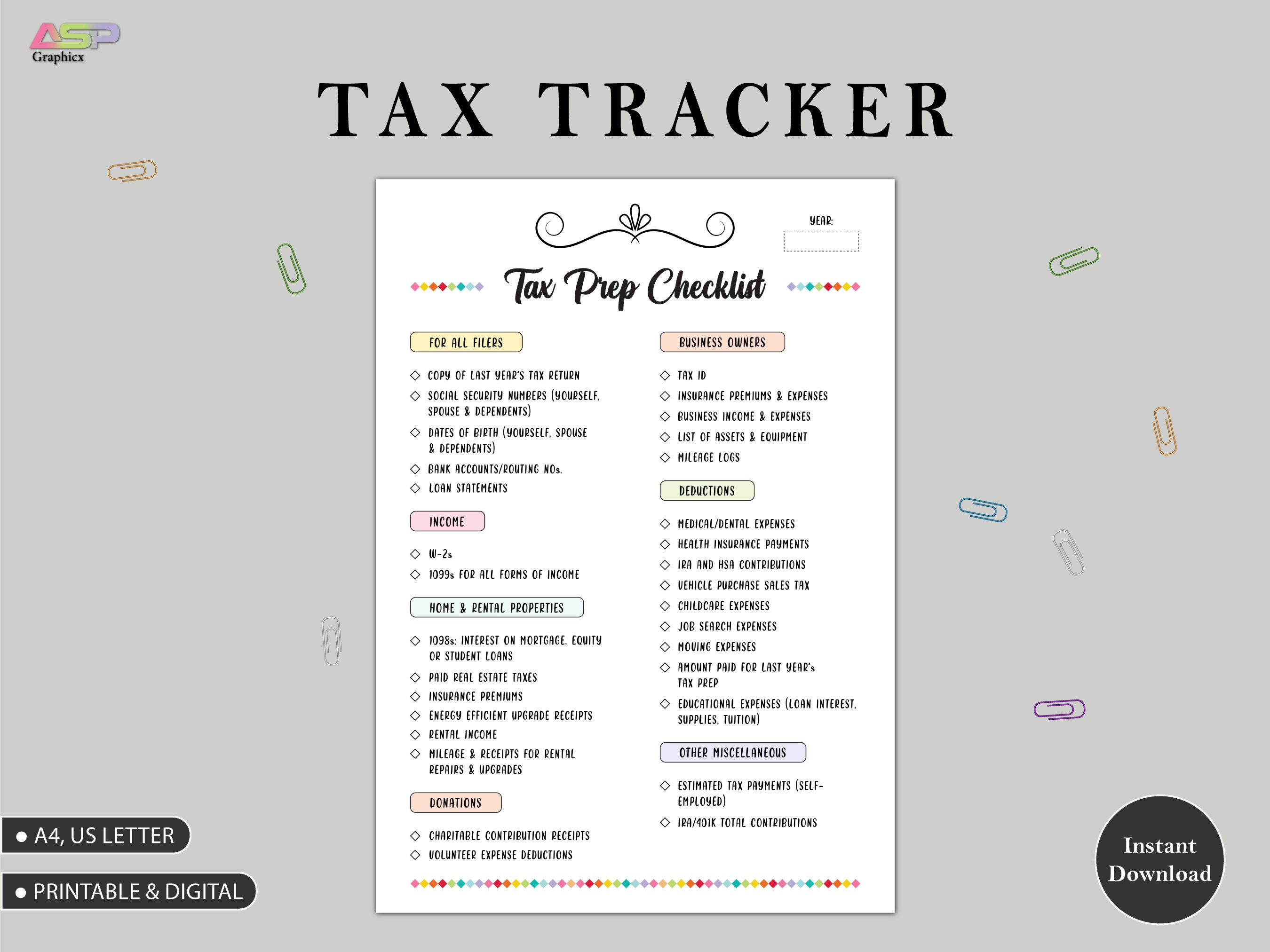 Tax Prep Checklist Tracker Printable Tax Prep 2023 (Instant Download ... Tax Prep Checklist Tracker Printable Tax Prep 2023 (Instant Download ...