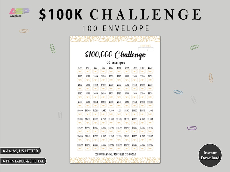 100K 100 ENVELOPE CHALLENGE Printable | 100,000 Saving Tracker | 100K ...