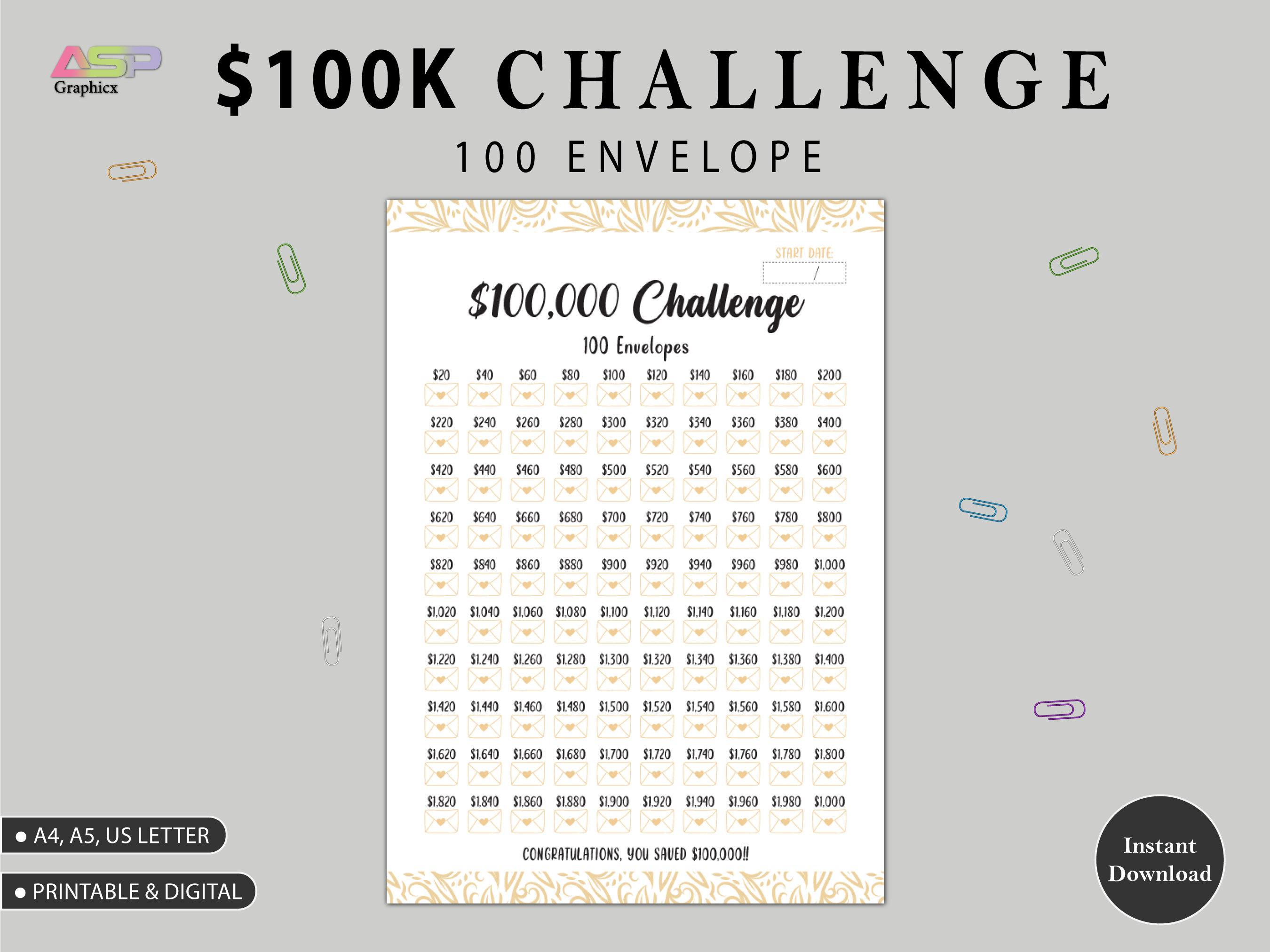 100K 100 ENVELOPE CHALLENGE Printable 100000 Saving Tracker - Etsy UK