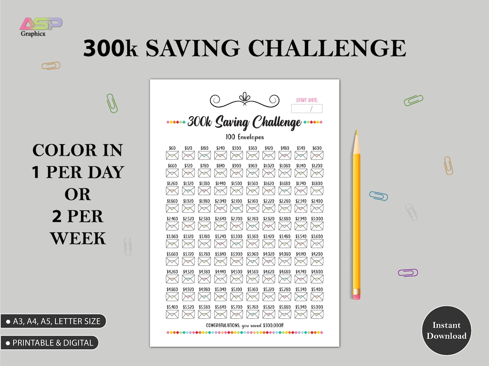 300K 100 ENVELOPE CHALLENGE Printable | 300,000 Saving Tracker | 300K ...