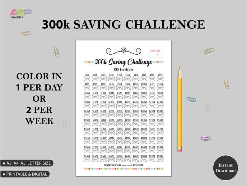 300K 100 ENVELOPE CHALLENGE Printable | 300,000 Saving Tracker | 300K ...