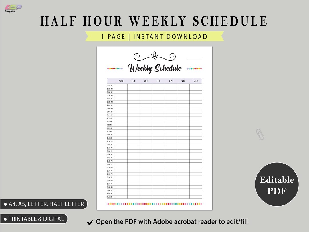 Half Hour Weekly Schedule | Printable Weekly Planner | Week at a Glance ...