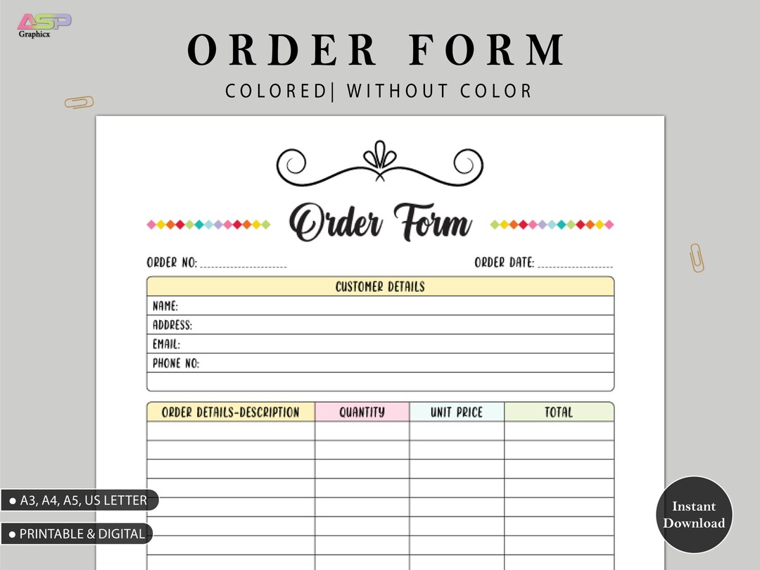 Printable Order Form Template | Business Order Tracker (digital ...