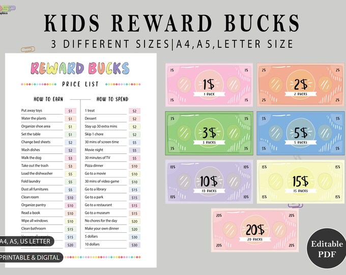 Editable Kids Reward Bucks | Printable | Mom Bucks, PDF Reward System ...