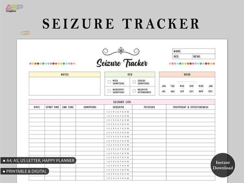 Monthly Seizure Tracker | Chart Symptoms & Severity of Seizure Events ...