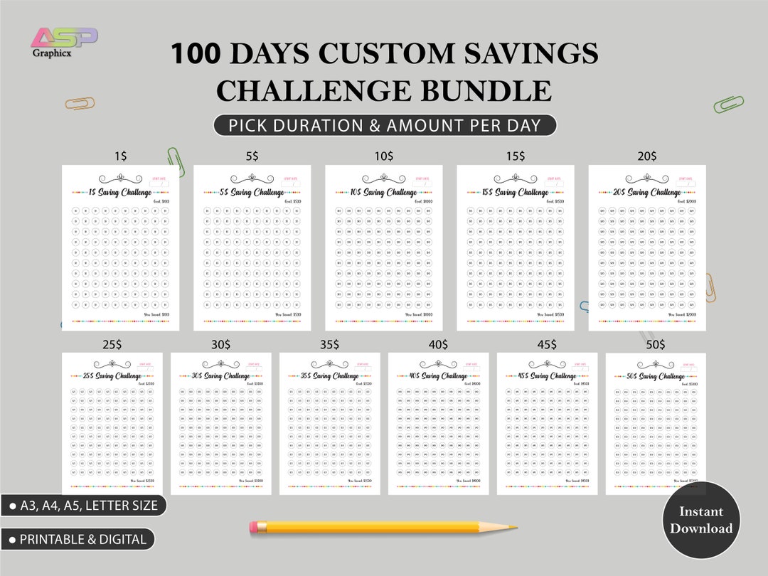 100 Days CUSTOM SAVINGS CHALLENGE Bundle Duration/amount - Money ...