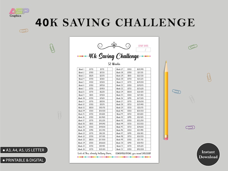 40K Money Saving Challenge PRINTABLE, 40000 in 52 Weeks | House Savings ...