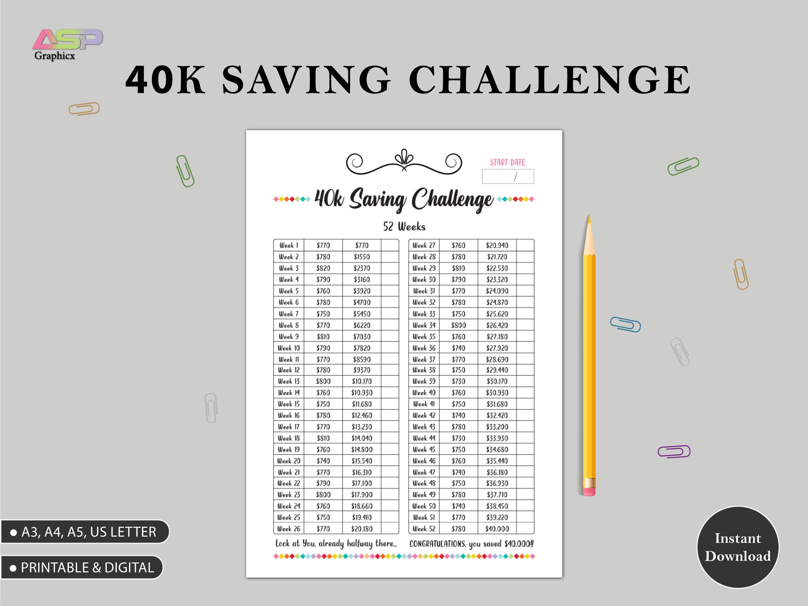 40K Money Saving Challenge PRINTABLE, 40000 in 52 Weeks | House Savings ...